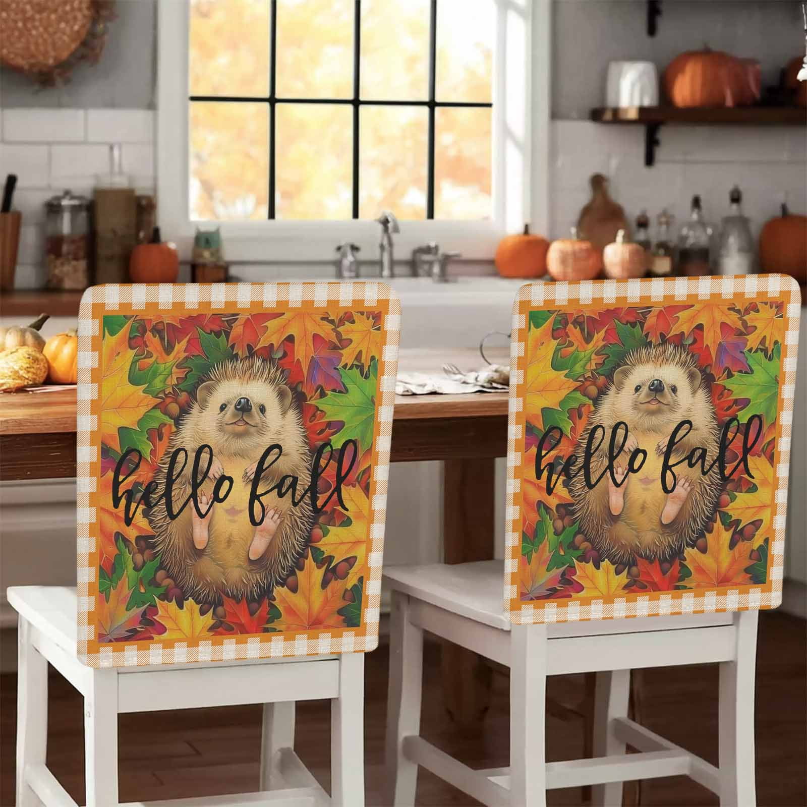 Fall Thanksgiving Chair Covers Set of 6 Hedgehog Maple Leaves Retro ...