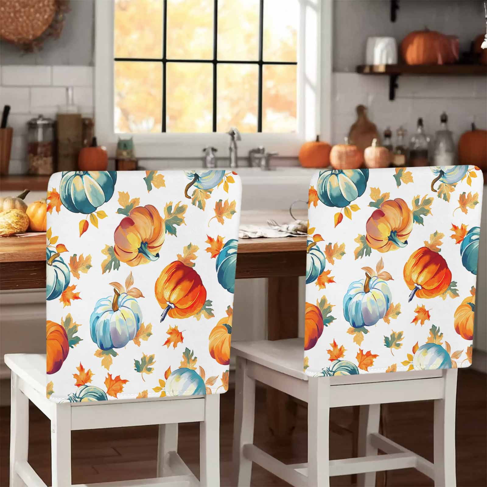 Fall Thanksgiving Chair Covers Set of 6 Orange Blue Pumpkins Maple Leaf ...