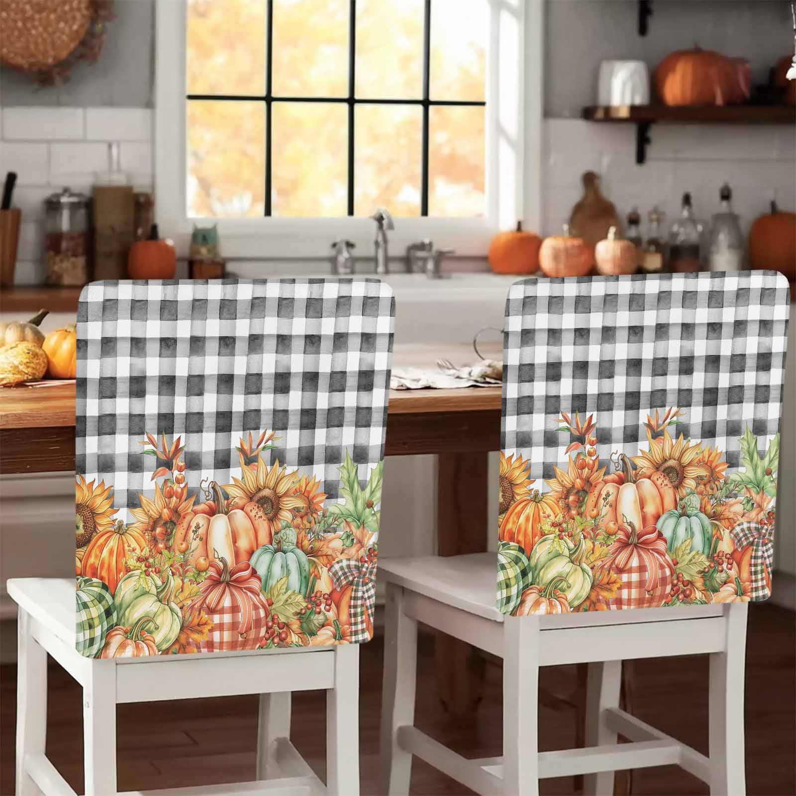 Fall Thanksgiving Chair Covers Set of 6 Pumpkin Sunflower Bow Black ...