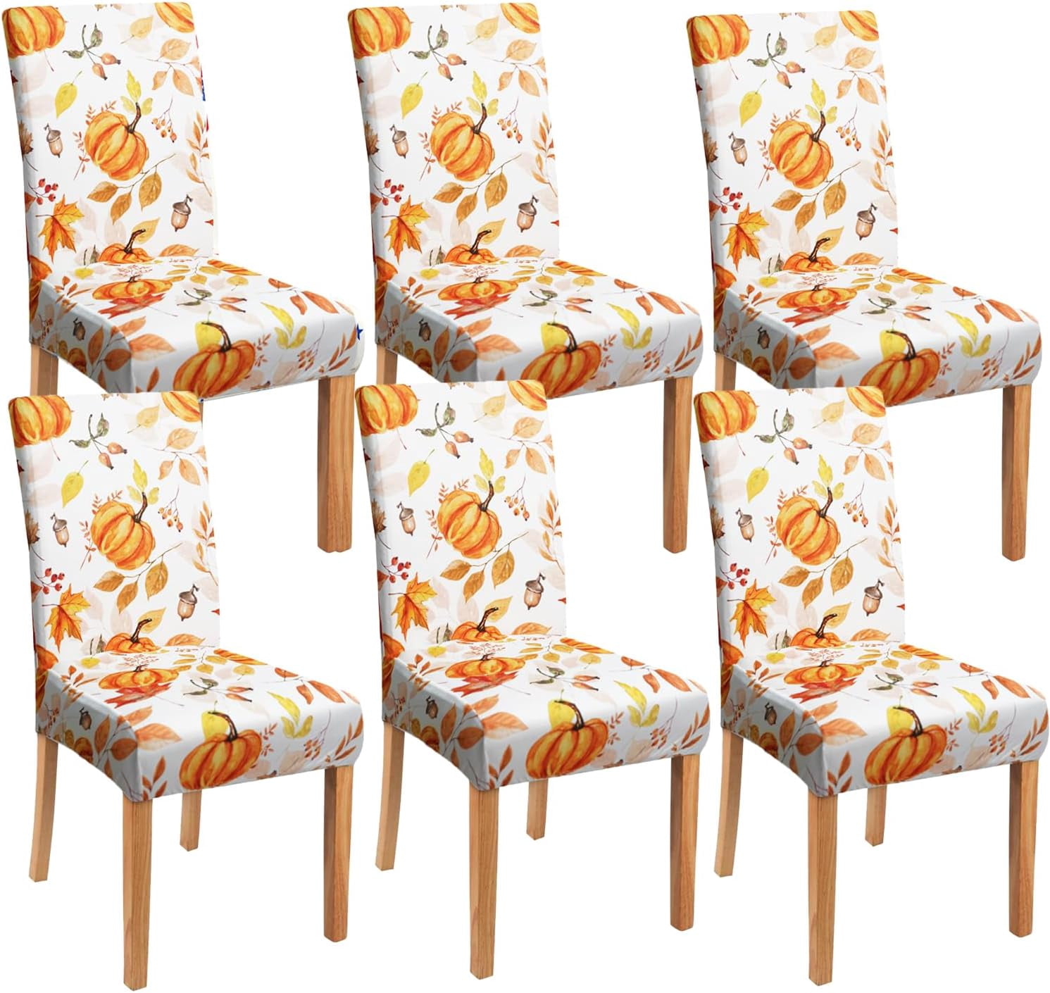Fall Thanksgiving Chair Covers Set of 6, Watercolor Pumpkin Maple Leaf ...
