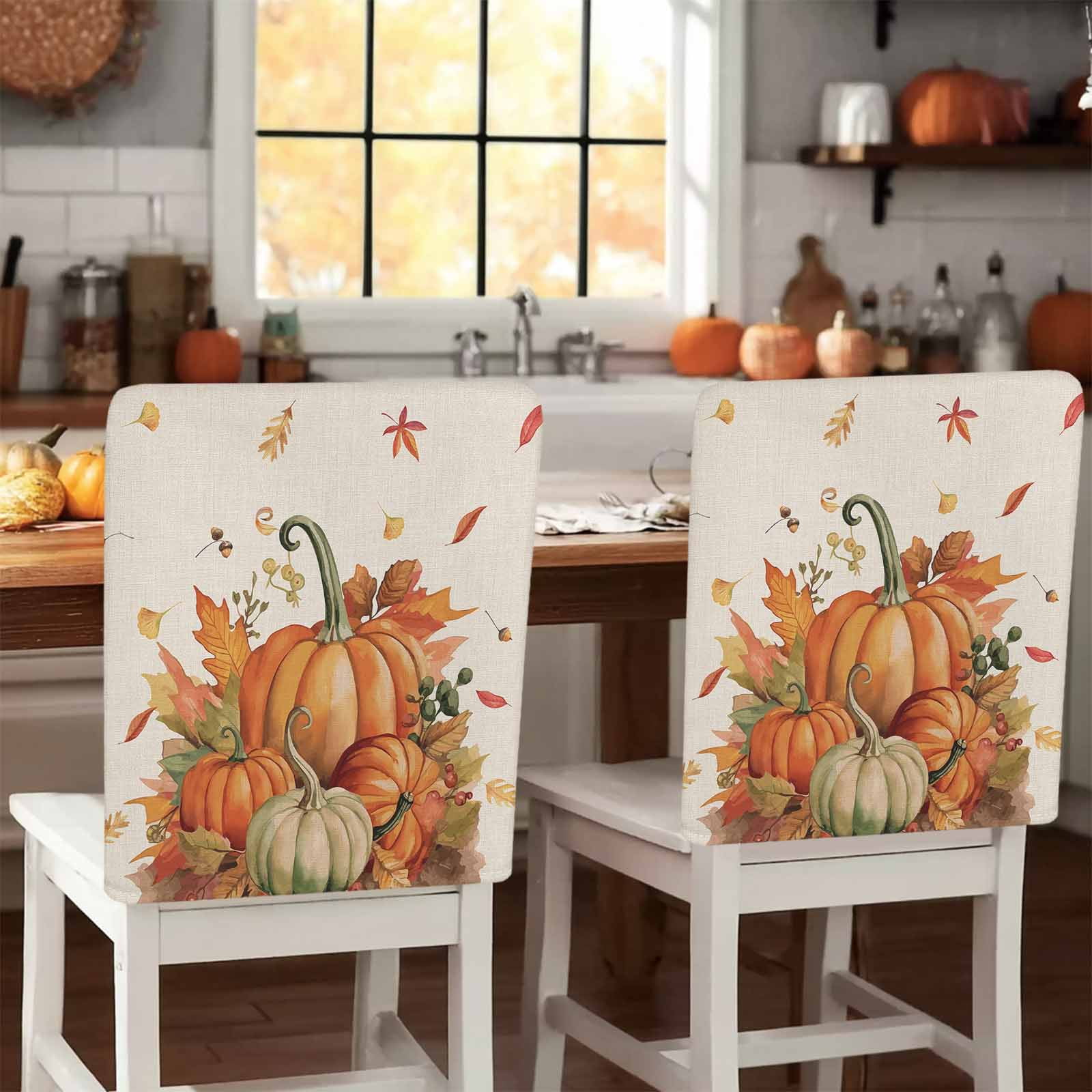 Fall Thanksgiving Chair Covers Set of 8 Pumpkin Watercolor Botanical ...