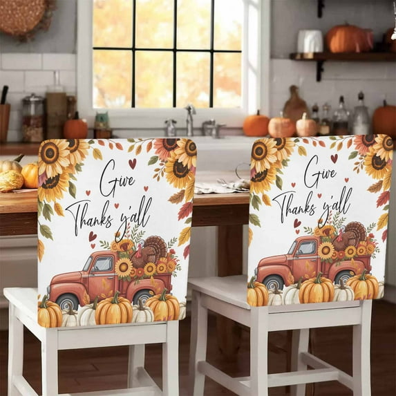 Fall Thanksgiving Chair Covers Set of 8 Truck Turkey Pumpkin Chair Back ...