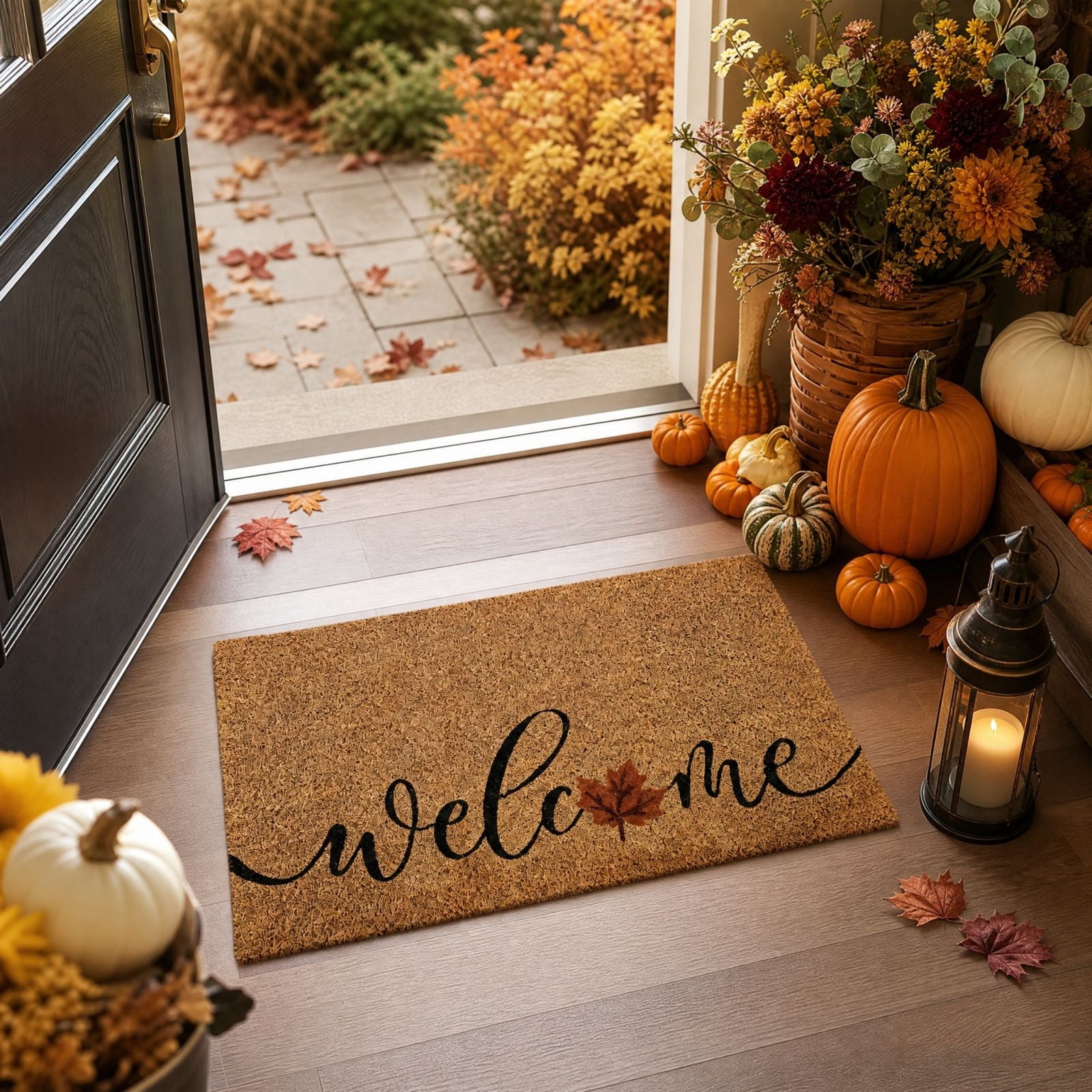 Fall Outdoor Rug Maple Leaf Welcome Doormat, Faux Coir Non-Slip Fall ...