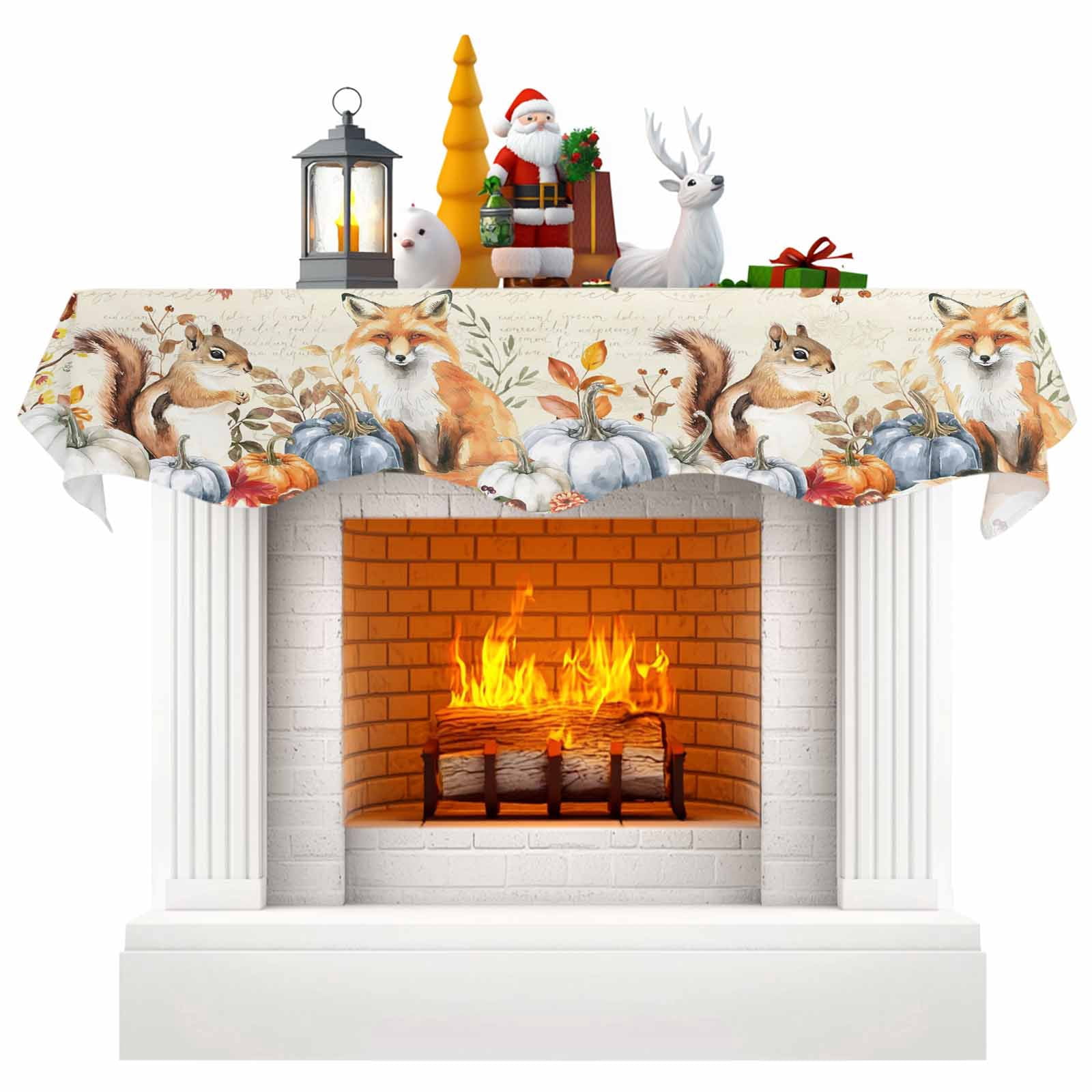 Fall Thanksgiving Fireplace Mantel Scarf Table Runner, Vintage Squirrel ...