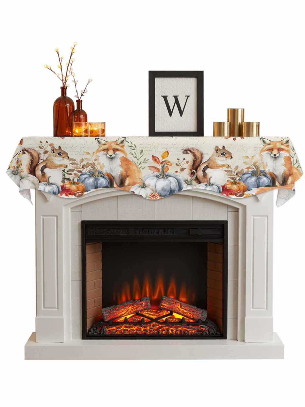Fall Thanksgiving Fireplace Mantle Scarf, Vintage Squirrel Fox Pumpkin ...