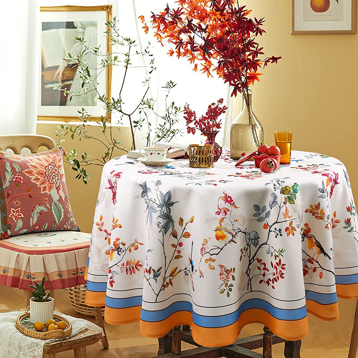 Fall Thanksgiving Floral Bird Tablecloth,Rustic Farmhouse French ...