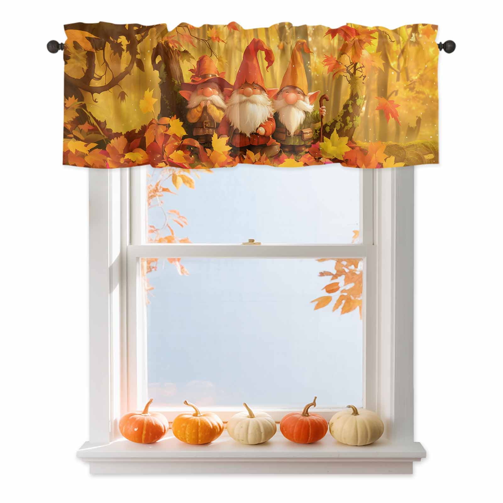 Fall Thanksgiving Gnome Autumn Maple Leaves Forest Valances for Windows ...