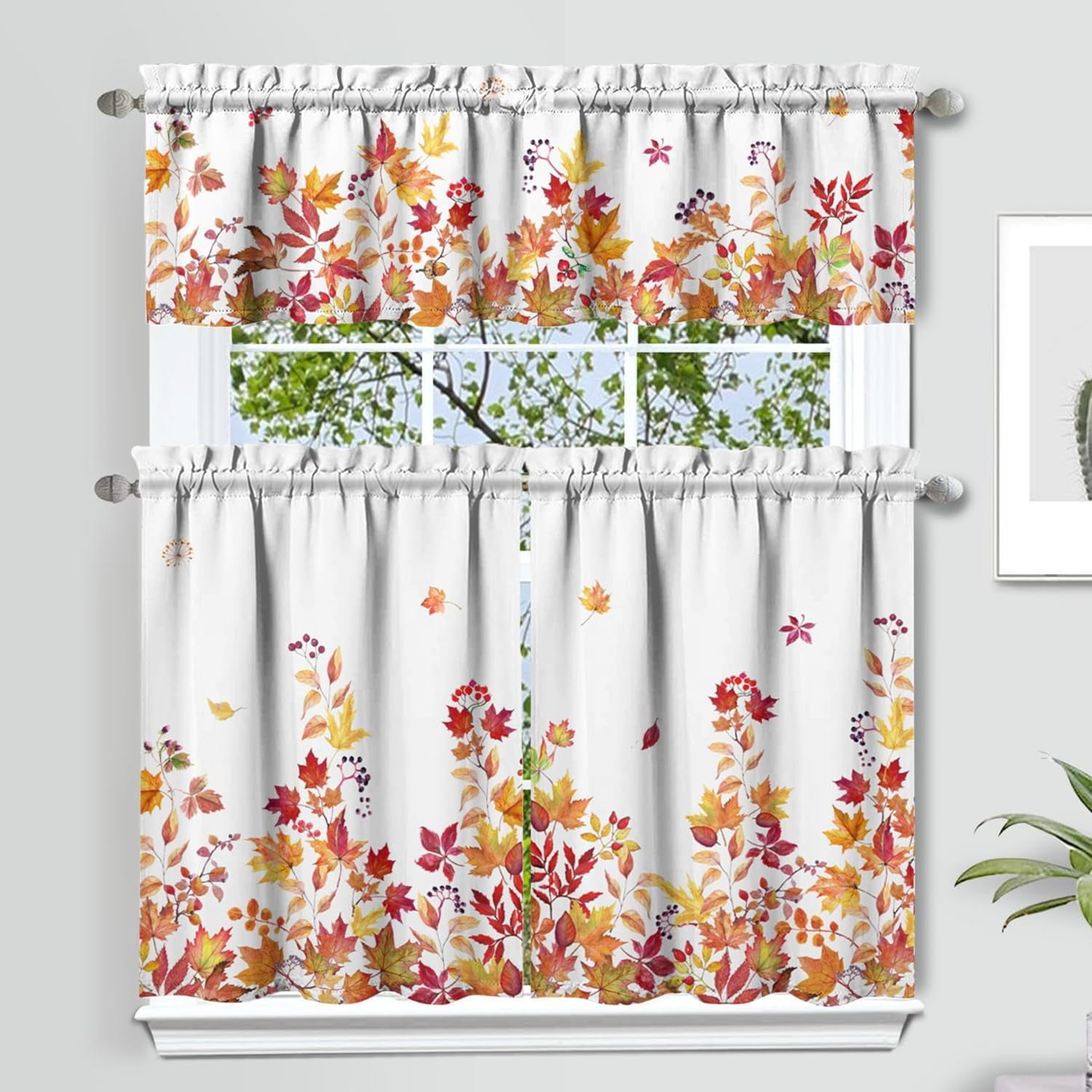 Fall Thanksgiving Kitchen Curtain Valance 3 Piece Set, Autumn Maple ...