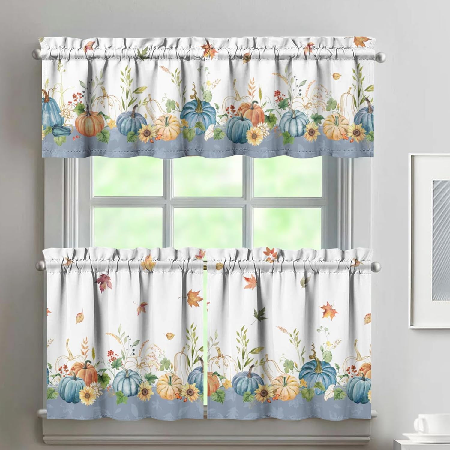 Fall Thanksgiving Kitchen Curtain Valance 3 Piece Set, Fall Blue ...