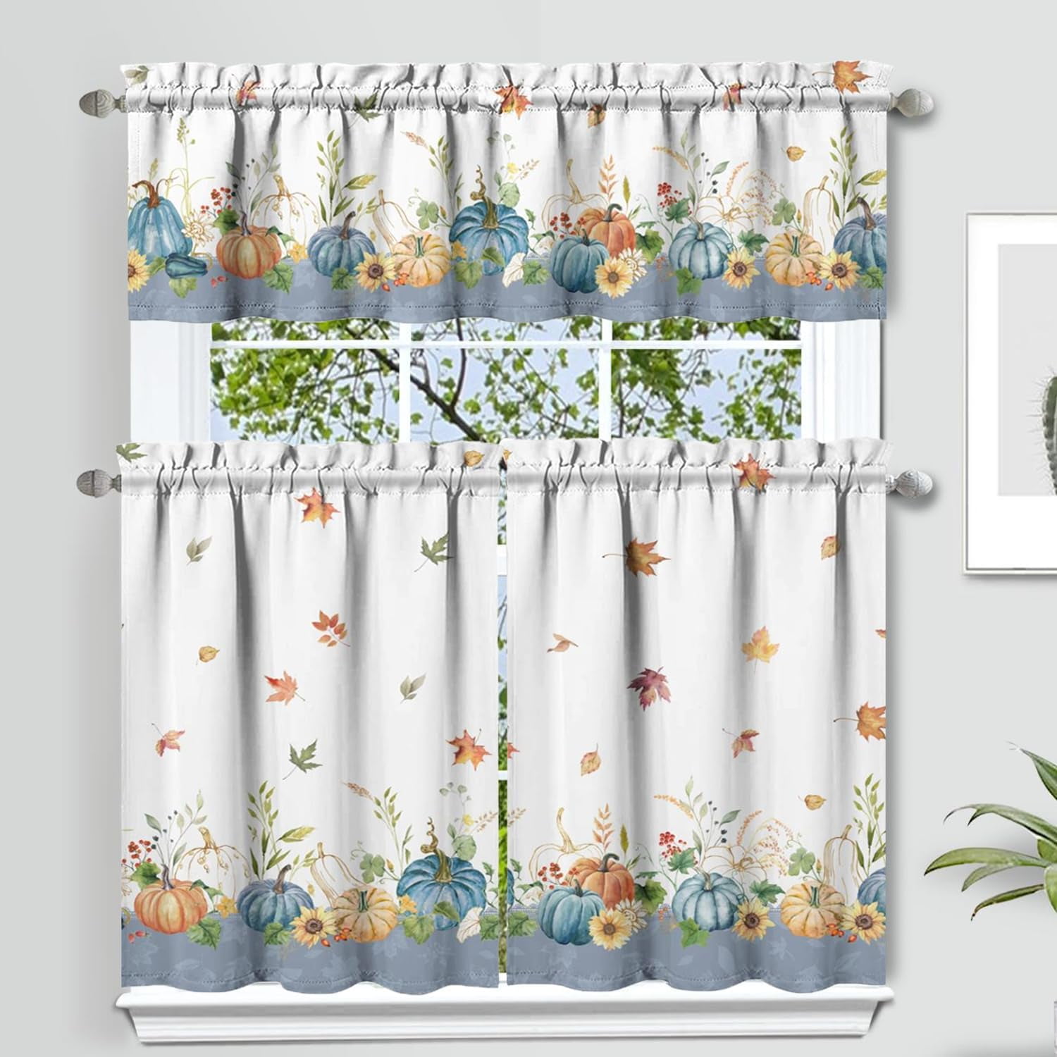 Fall Thanksgiving Kitchen Curtain Valance 3 Piece Set, Fall Blue ...