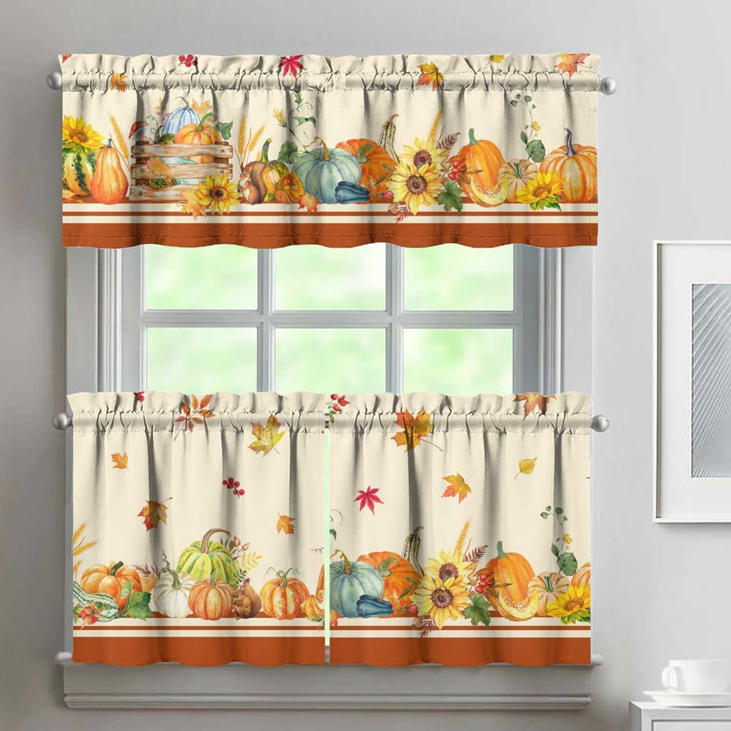 Fall Thanksgiving Kitchen Curtain Valance 3 Piece Set,Pumpkin Sunflower ...