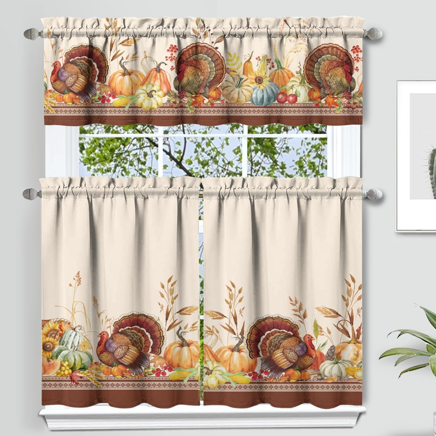 Fall Thanksgiving Kitchen Curtains Set of 3, Pumpkin Turkey Sunflower ...