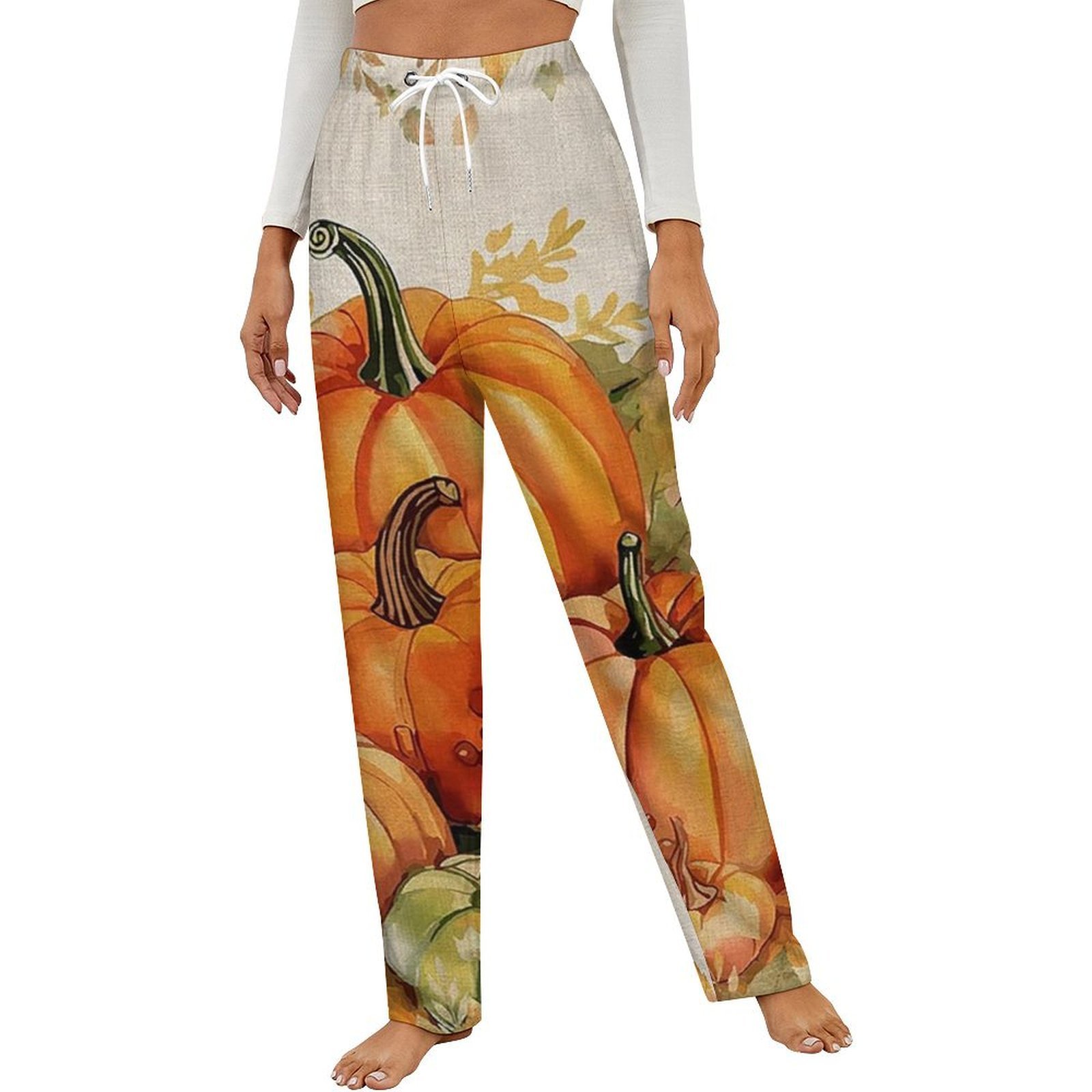 Fall Thanksgiving Maple Leaf Pumpkin Watercolor Winter Female Pants ...
