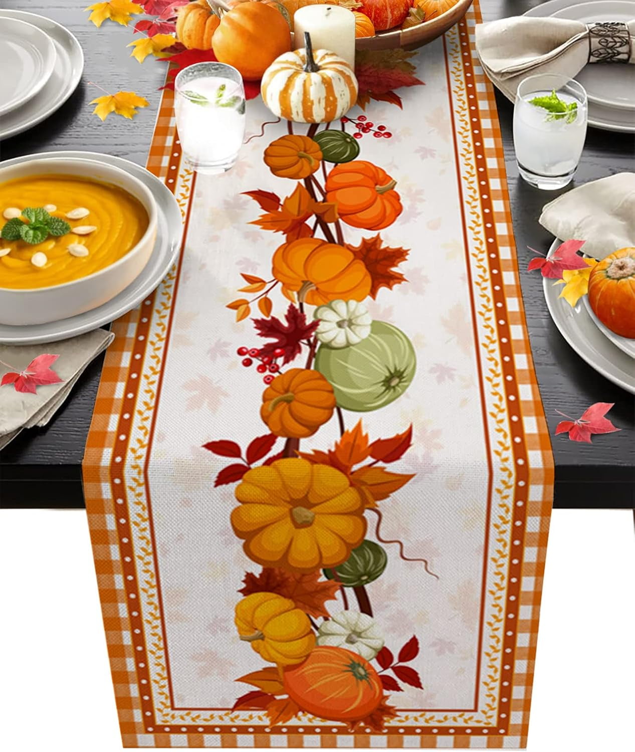 Fall Thanksgiving Maple Leaves Pumpkins Linen Table Runner Party r ...