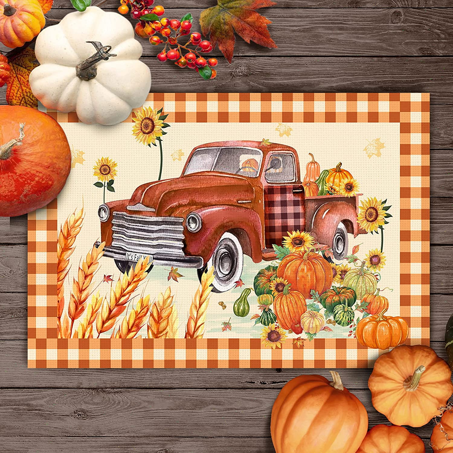 Fall Thanksgiving Orange Buffalo Plaid Pumpkin Placemats,Autumn Red ...