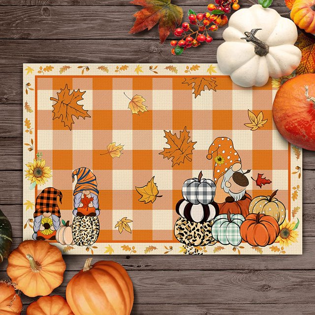 Fall Thanksgiving Orange Buffalo Plaid Pumpkin Placemats,Autumn Rustic ...
