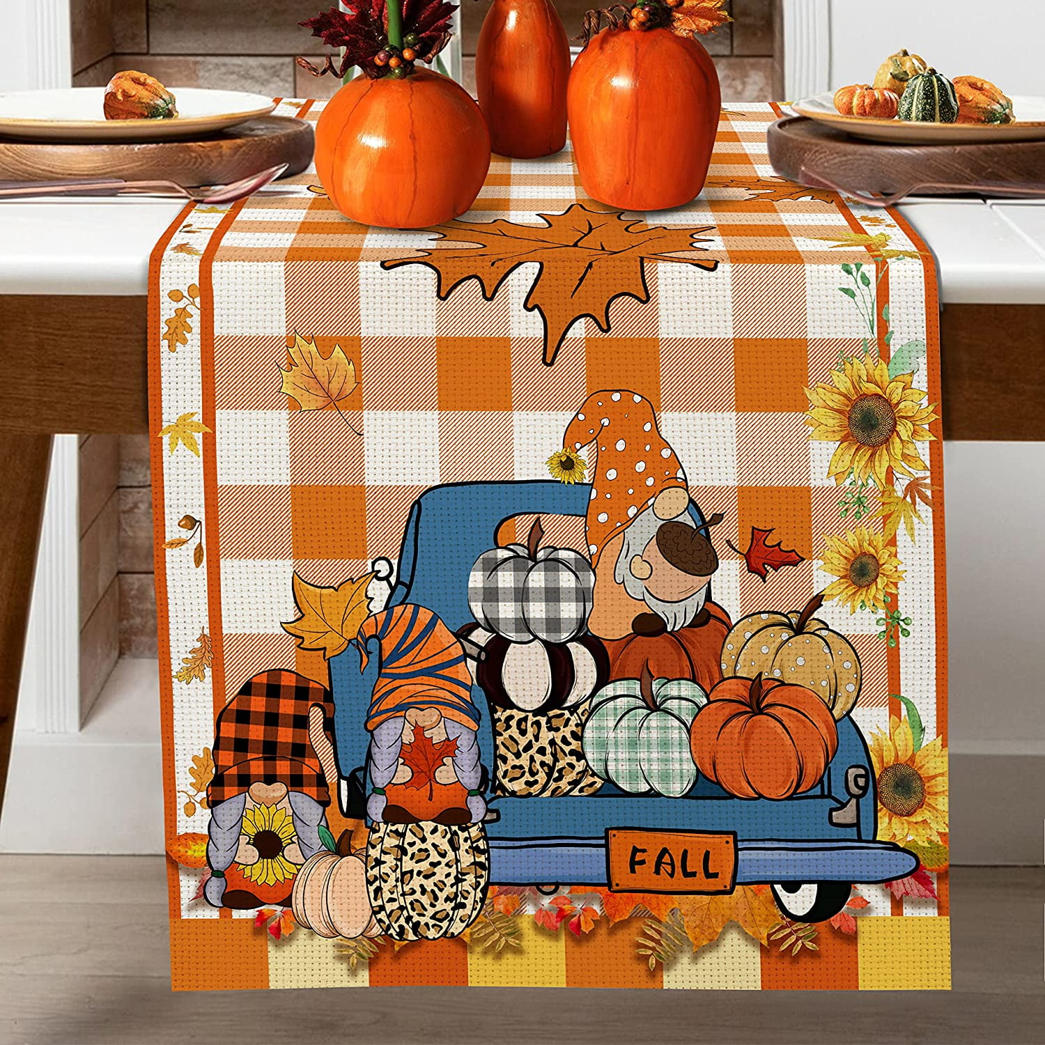 Fall Thanksgiving Orange Buffalo Plaid Pumpkin Tablerunner Autumn Blue