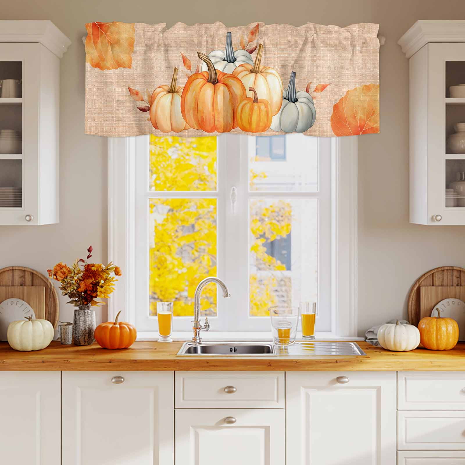 Fall Thanksgiving Orange Pumpkin Valances for Windows,Kitchen Valance ...