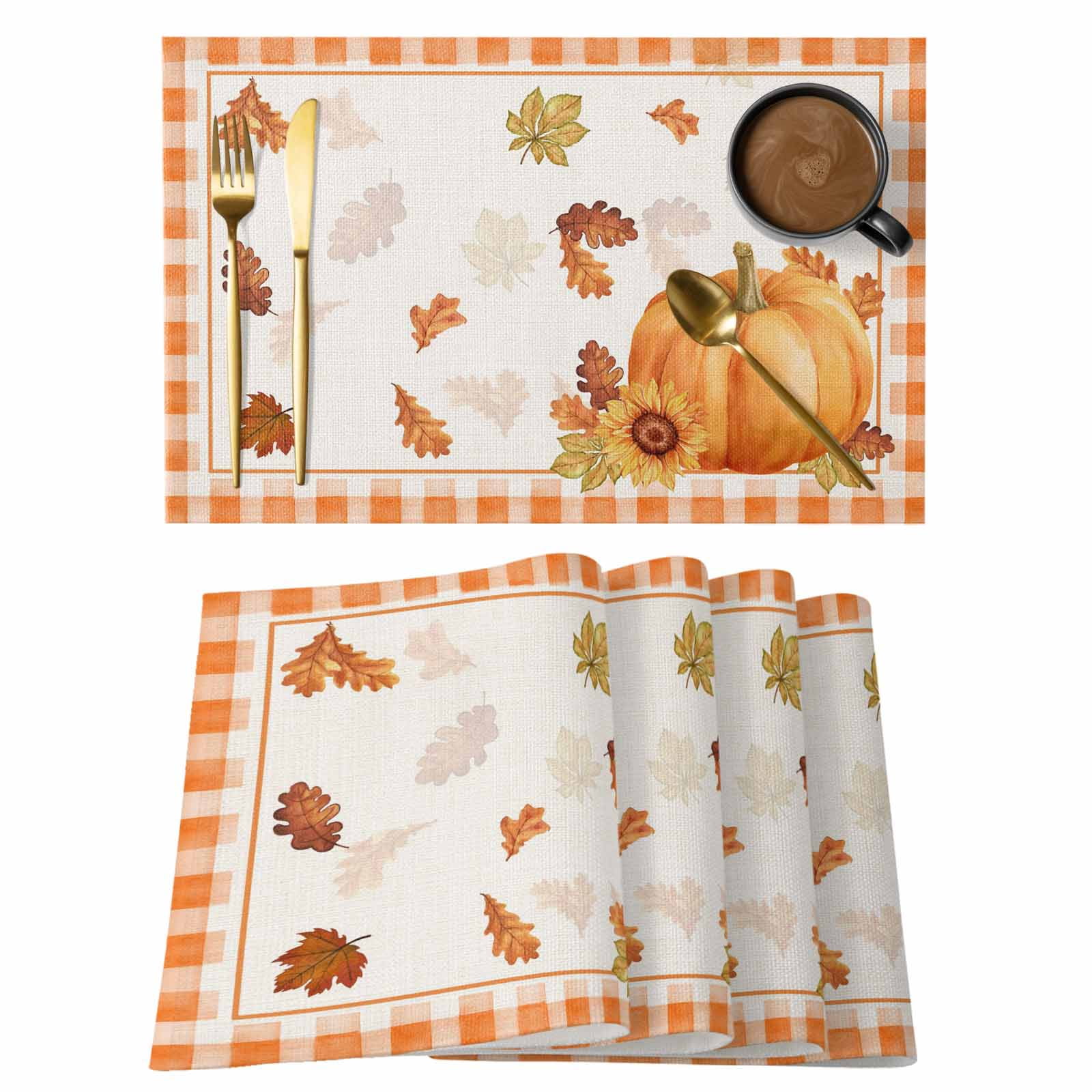 Fall Thanksgiving Placemats Set of 1, Pumpkin Maple Leaf Black Trellis ...