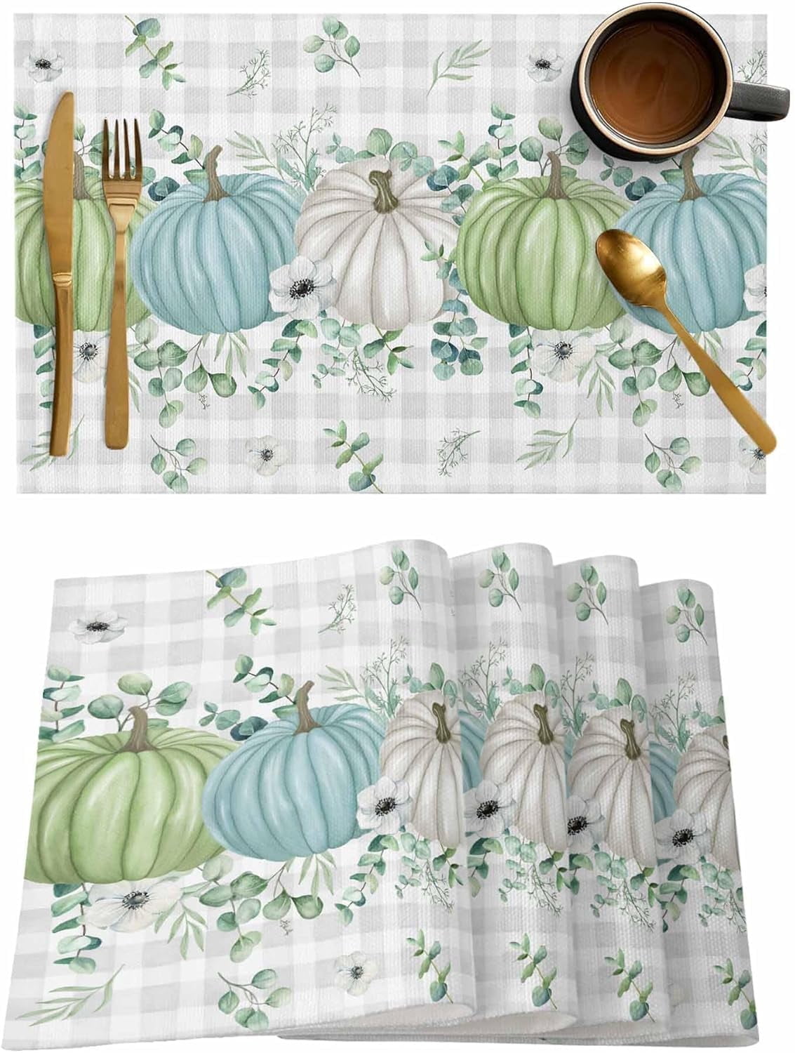 Fall Thanksgiving Placemats Set of 6, Autumn Pumpkins Eucalyptus Leaves ...