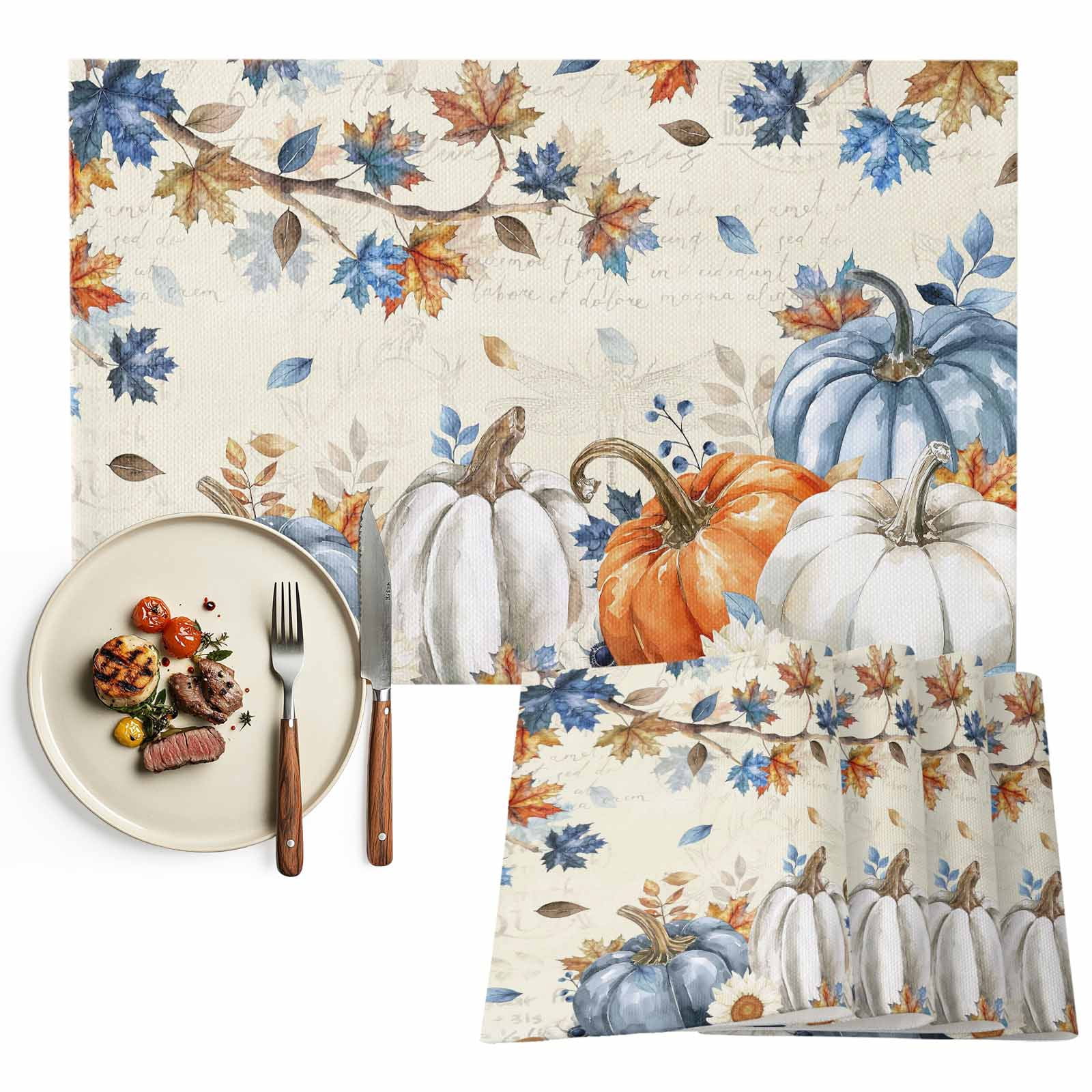 Fall Thanksgiving Placemats Set of 6, Orange Blue Floral Pumpkins Maple ...