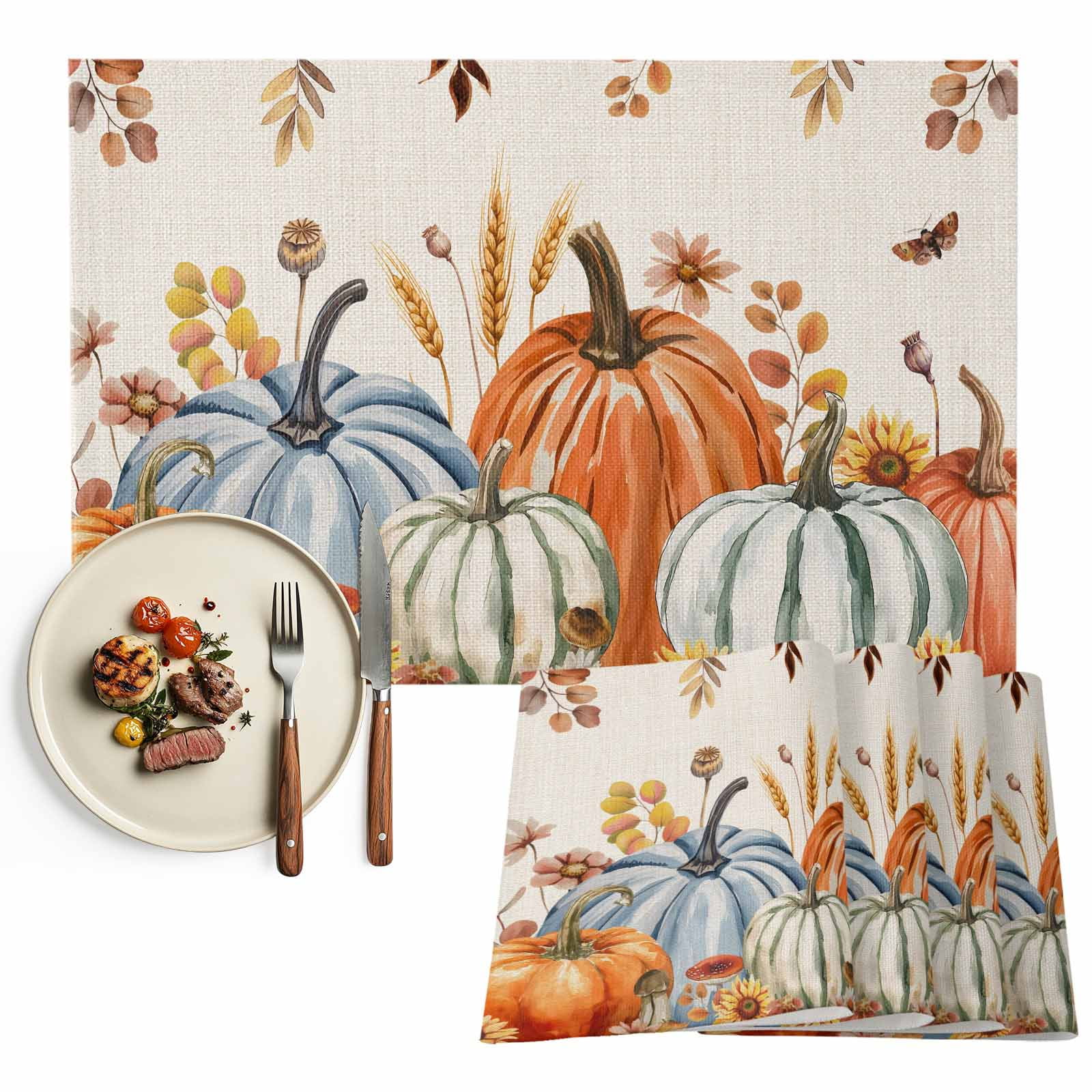 Fall Thanksgiving Placemats Set of 6, Orange Green Blue Pumpkins Retro ...
