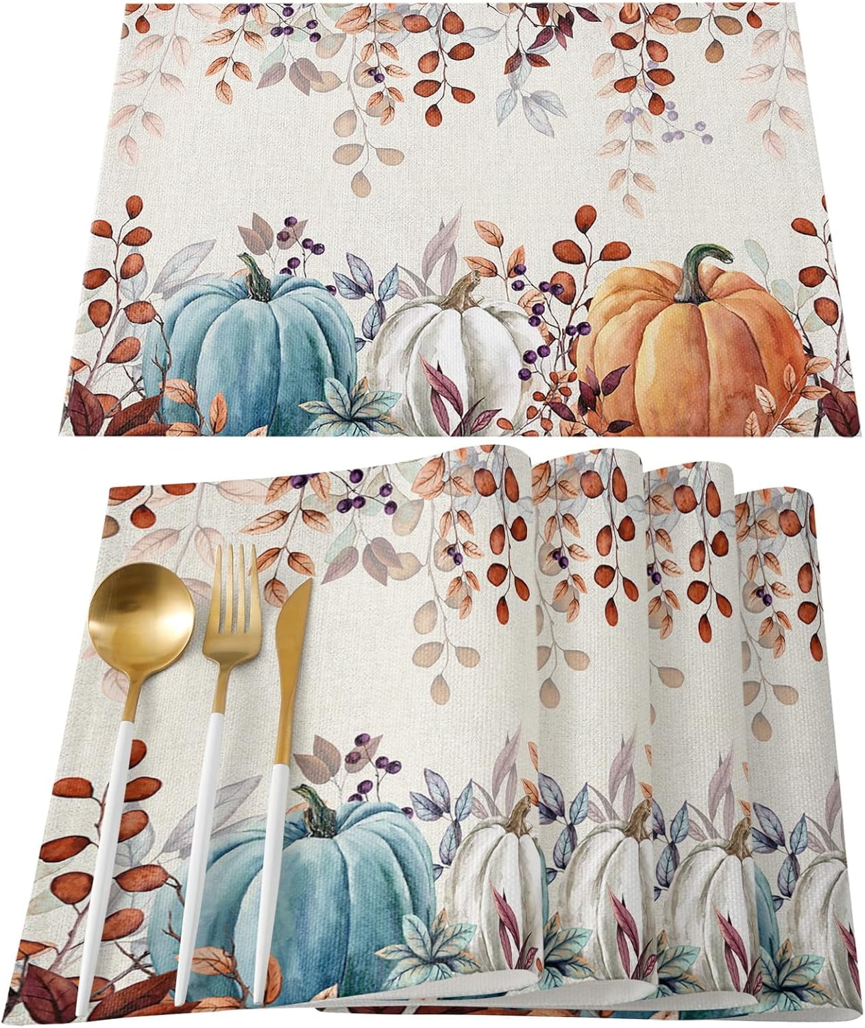 Fall Thanksgiving Placemats Set of 6, Watercolor Autumn Pumpkins ...