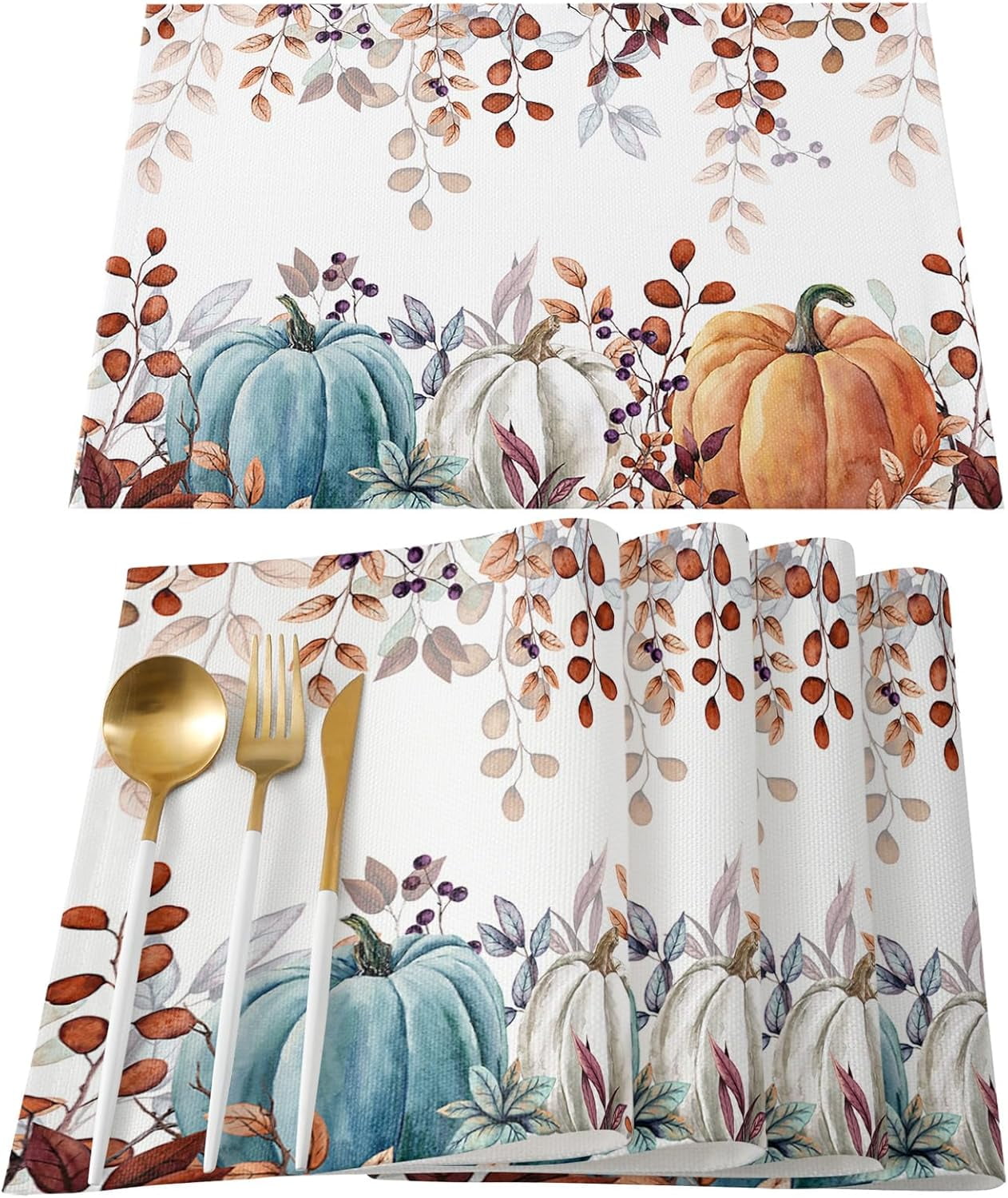 Fall Thanksgiving Placemats Set of 6, Watercolor Pumpkins Eucalyptus ...