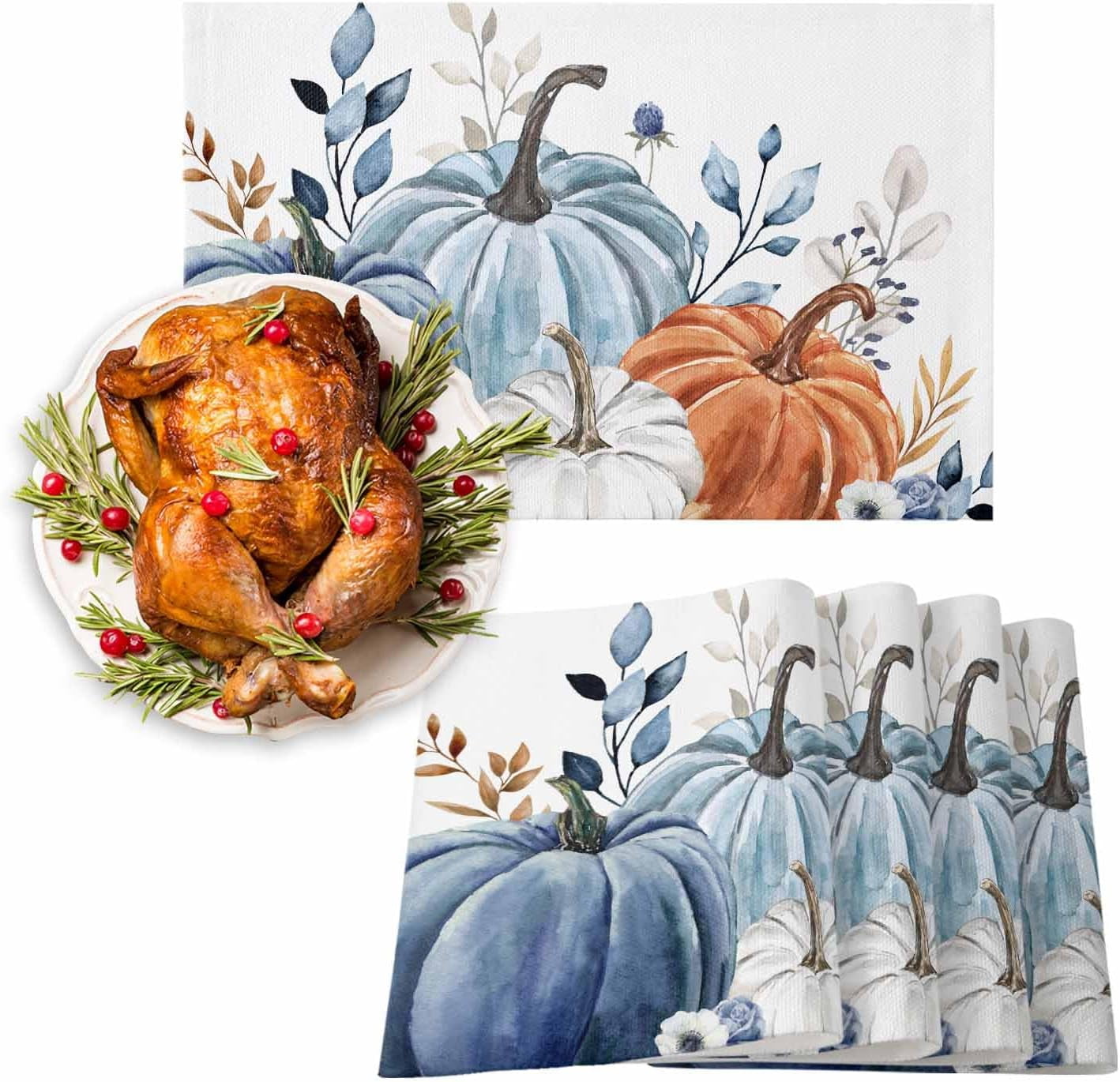Fall Thanksgiving Placemats Watercolor Pumpkin Place Mats for Dining ...