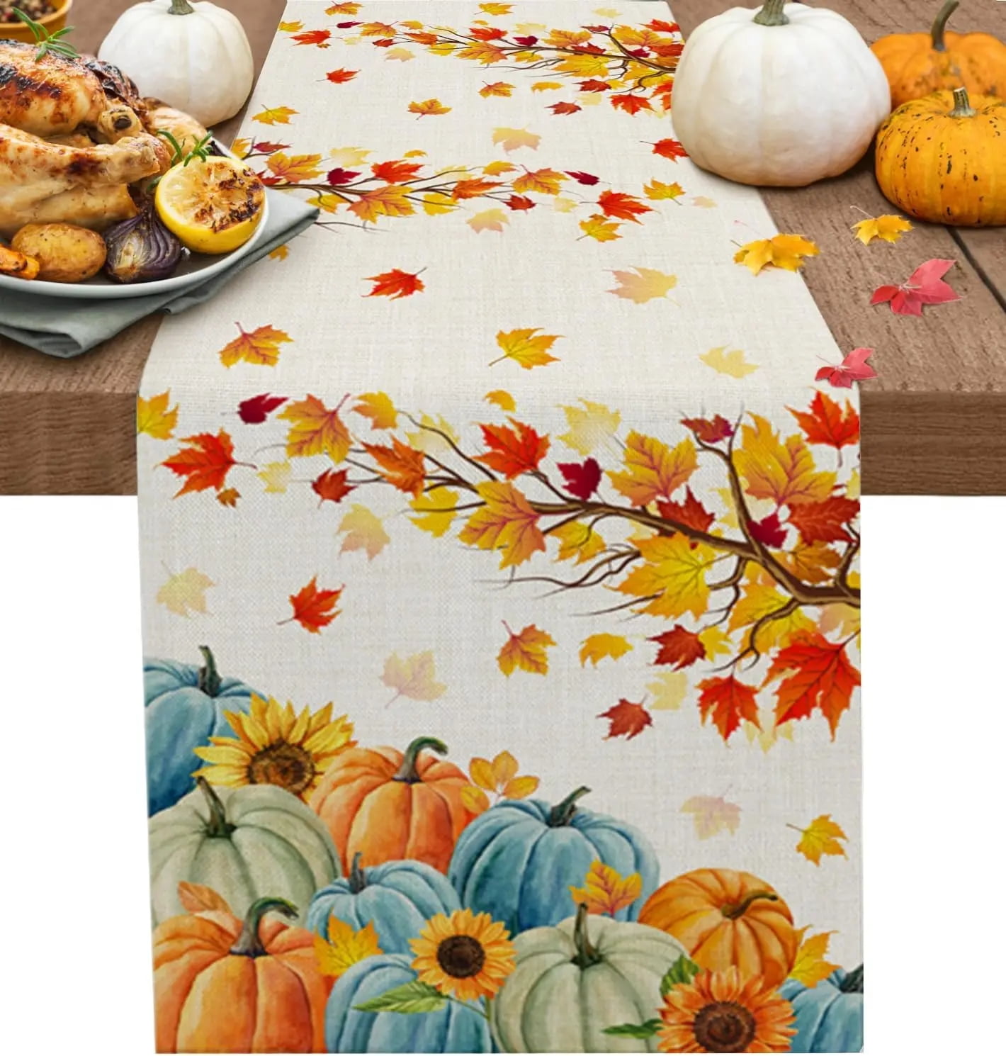 Fall Thanksgiving Pumpkin Maple Leaves Linen Table Runners Farmhouse ...