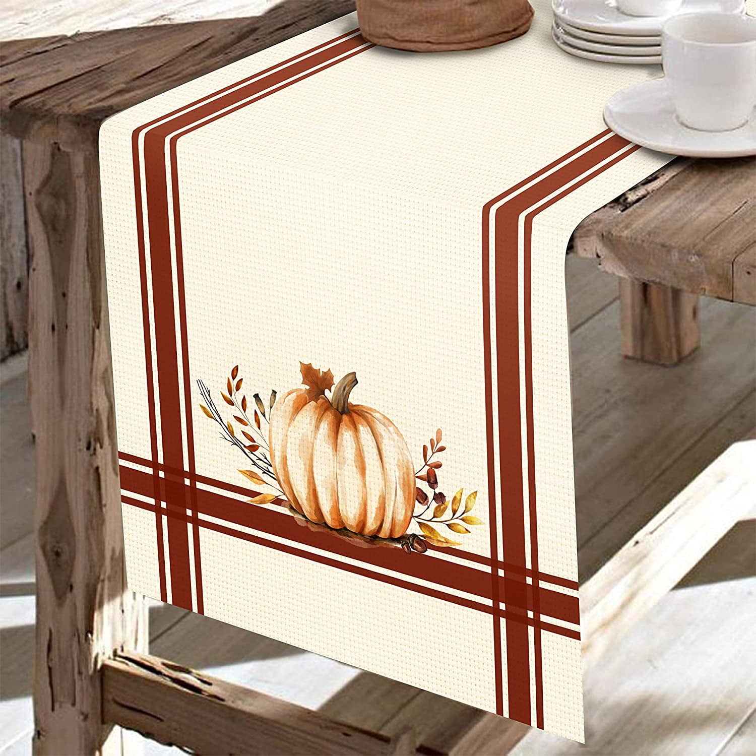 Fall Thanksgiving Pumpkin Stripe Tablerunner,Autumn Maple Leaves Table ...
