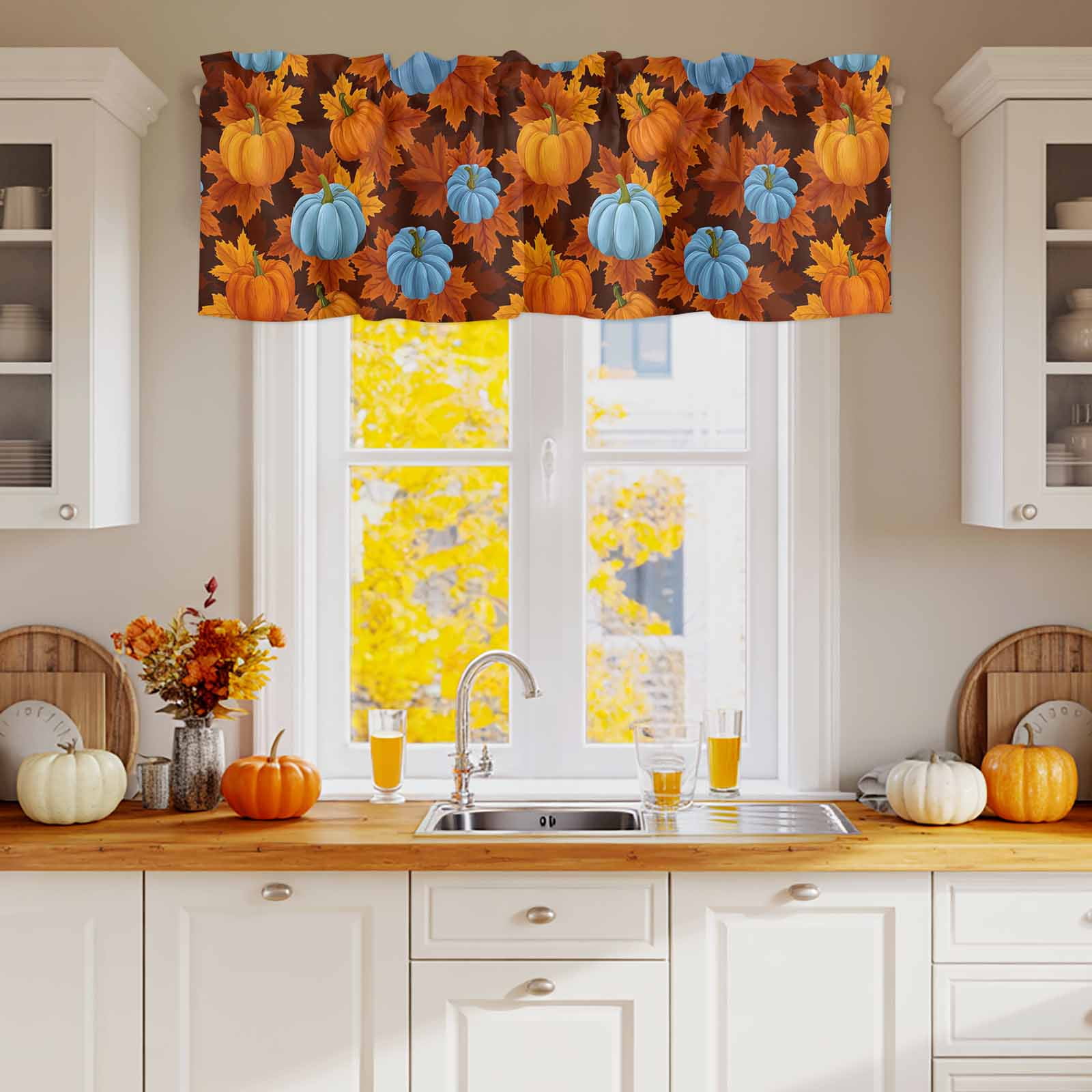 Fall Thanksgiving Pumpkin Teal Valances for Windows,Kitchen Valance Rod ...