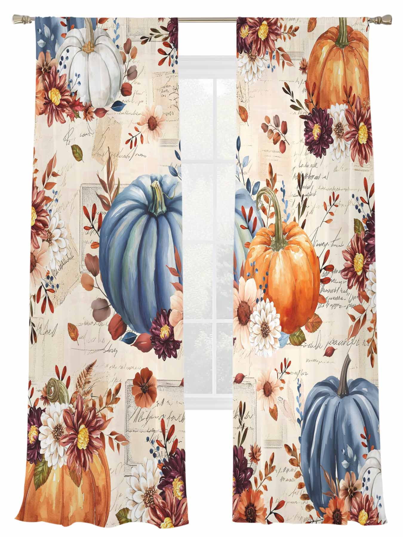 Fall Thanksgiving Pumpkins Sheer Curtains 84 inches Long, Vintage ...