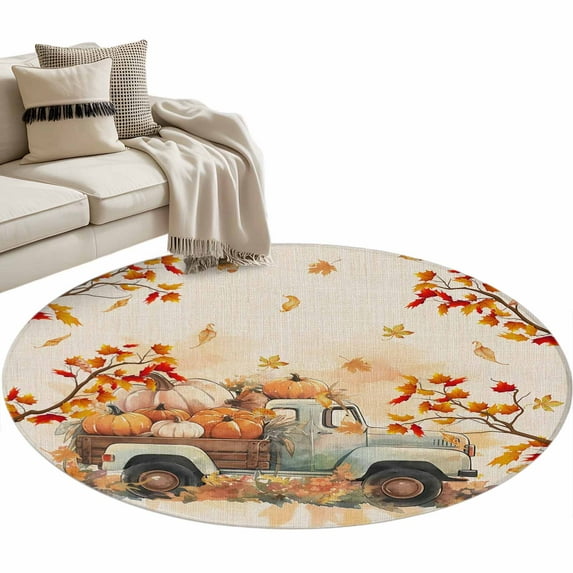 Fall Thanksgiving Round Area Rug 4ft, Autumn Pumpkin Truck Maple Leaf ...