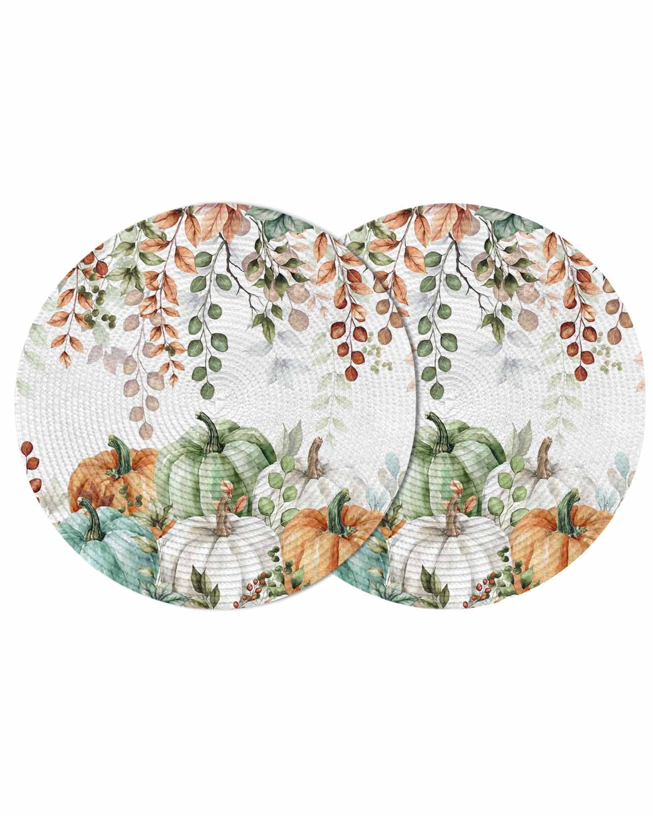 Fall Thanksgiving Round Table Placemats set of 2, Orange White Green ...