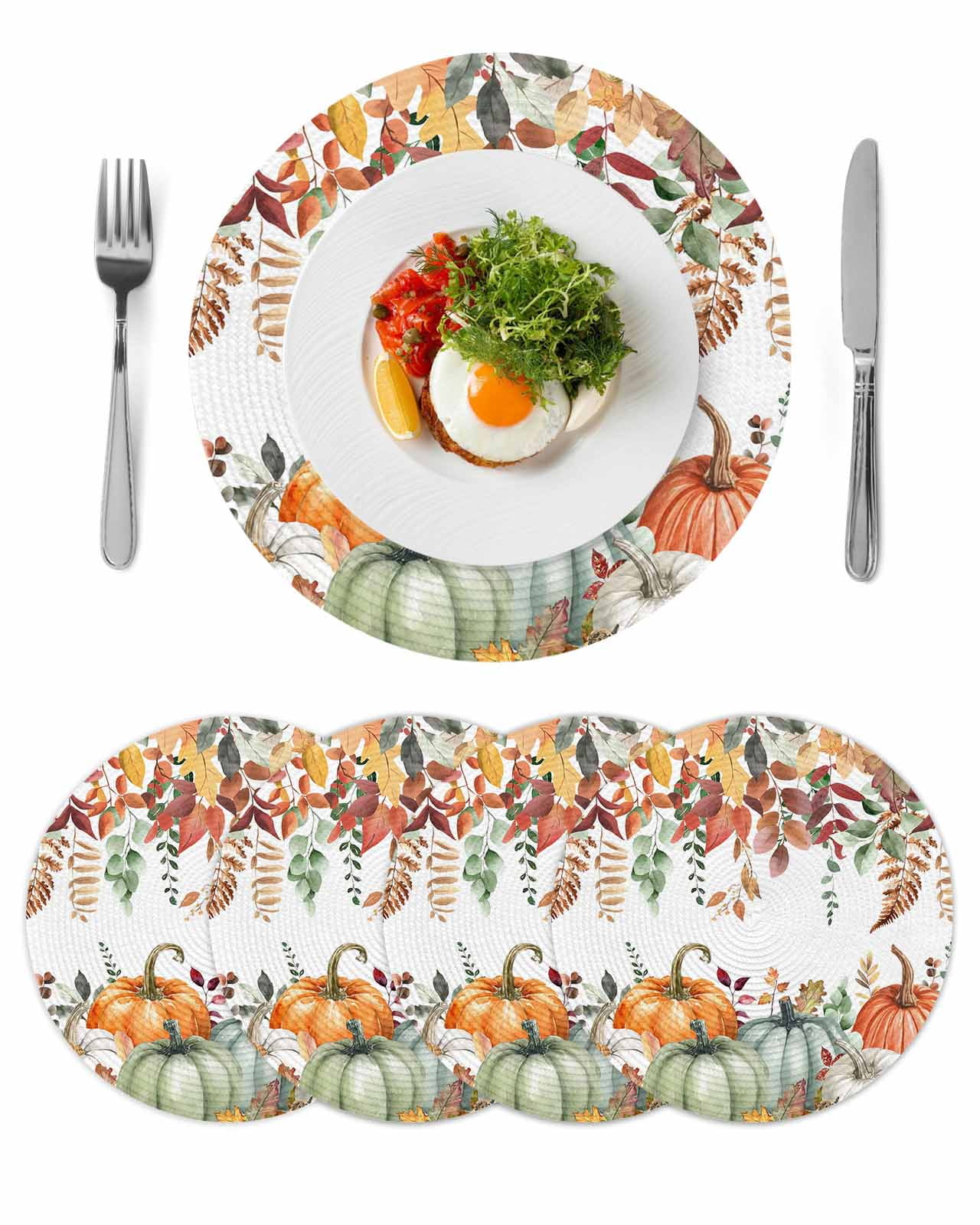 Fall Thanksgiving Round Table Placemats set of 4, Orange Green White ...