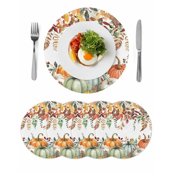 Fall Thanksgiving Round Table Placemats set of 4, Orange Green White ...