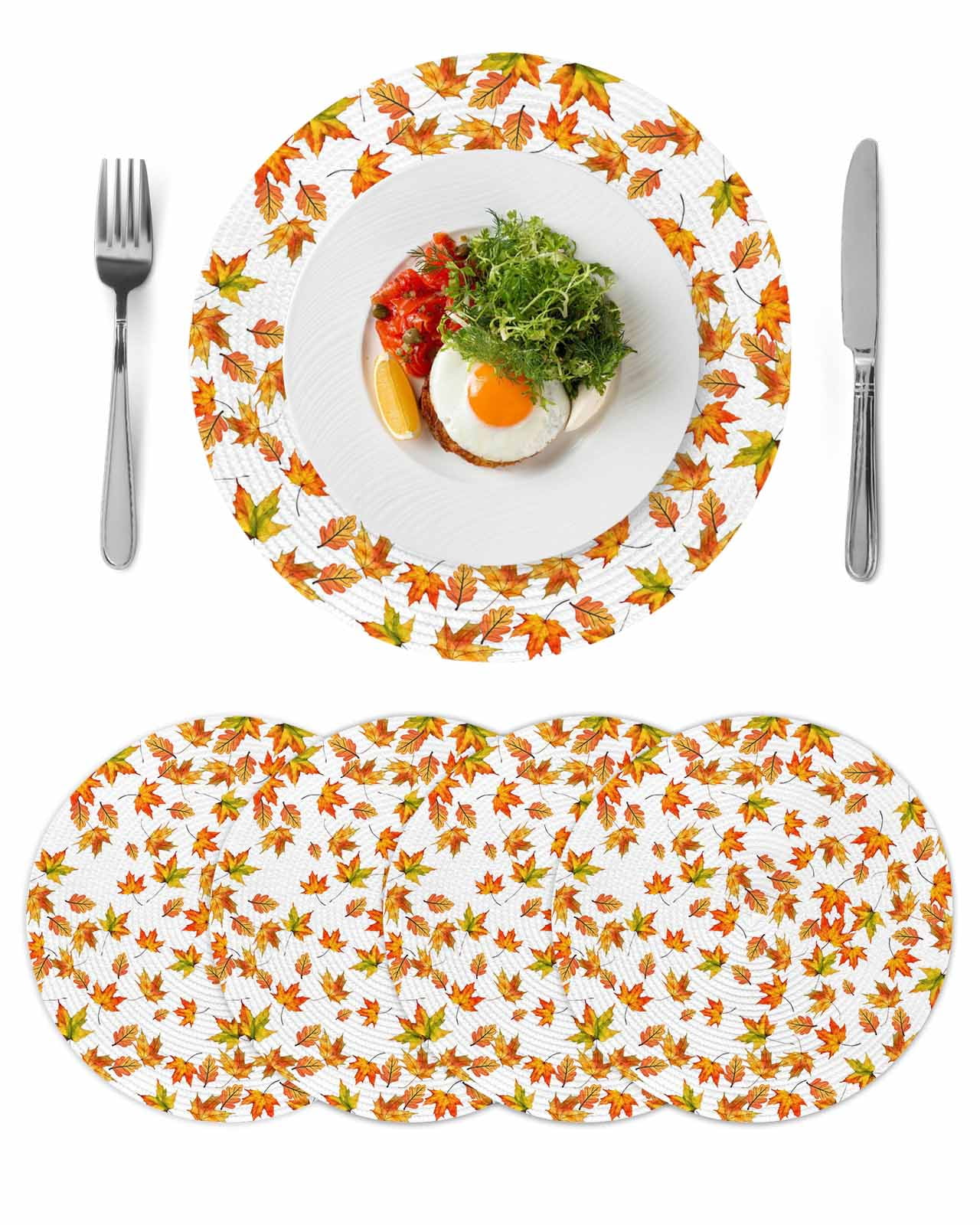 Fall Thanksgiving Round Table Placemats set of 4, Orange Leaf Pattern ...