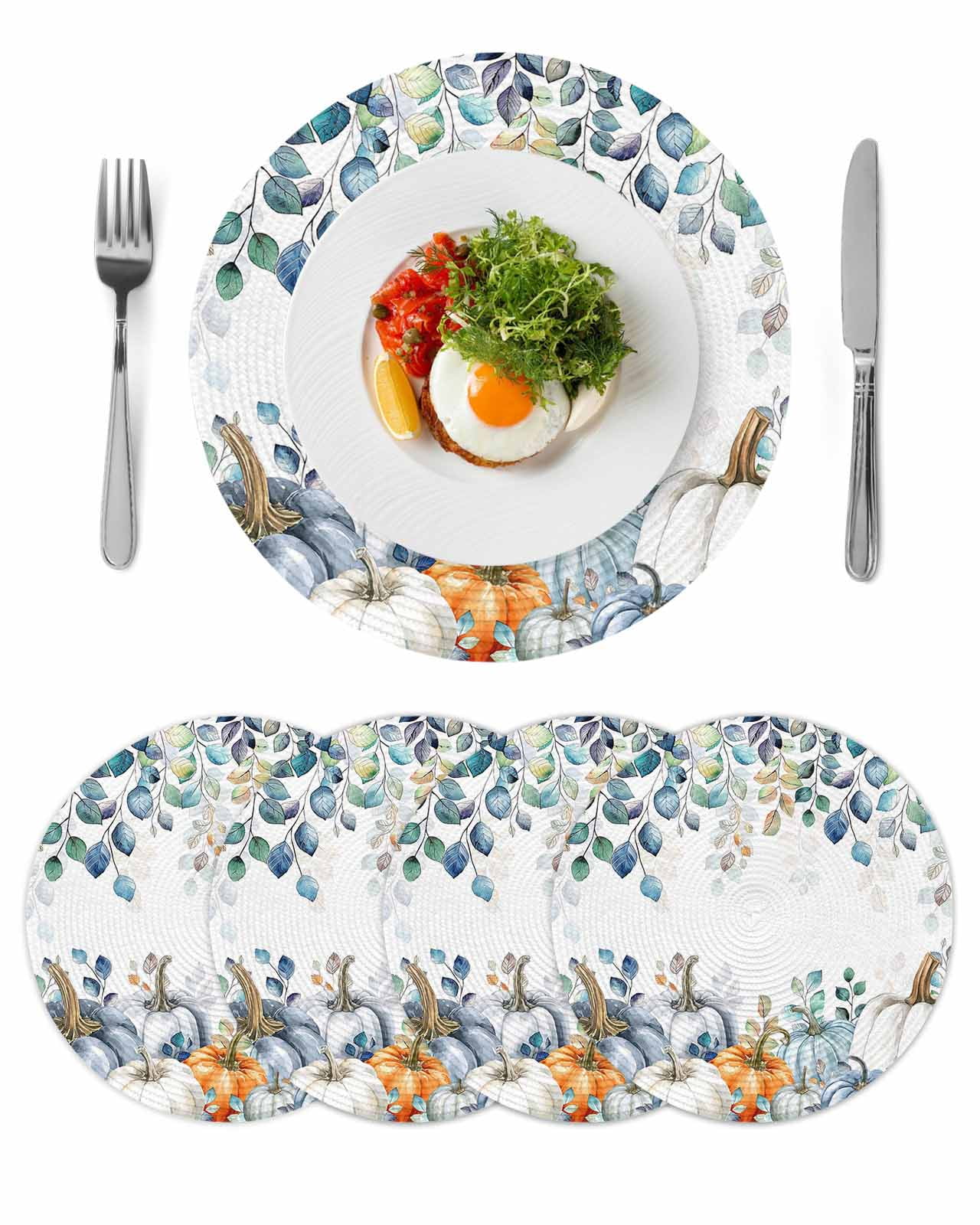 Fall Thanksgiving Round Table Placemats set of 4, Orange White Blue ...