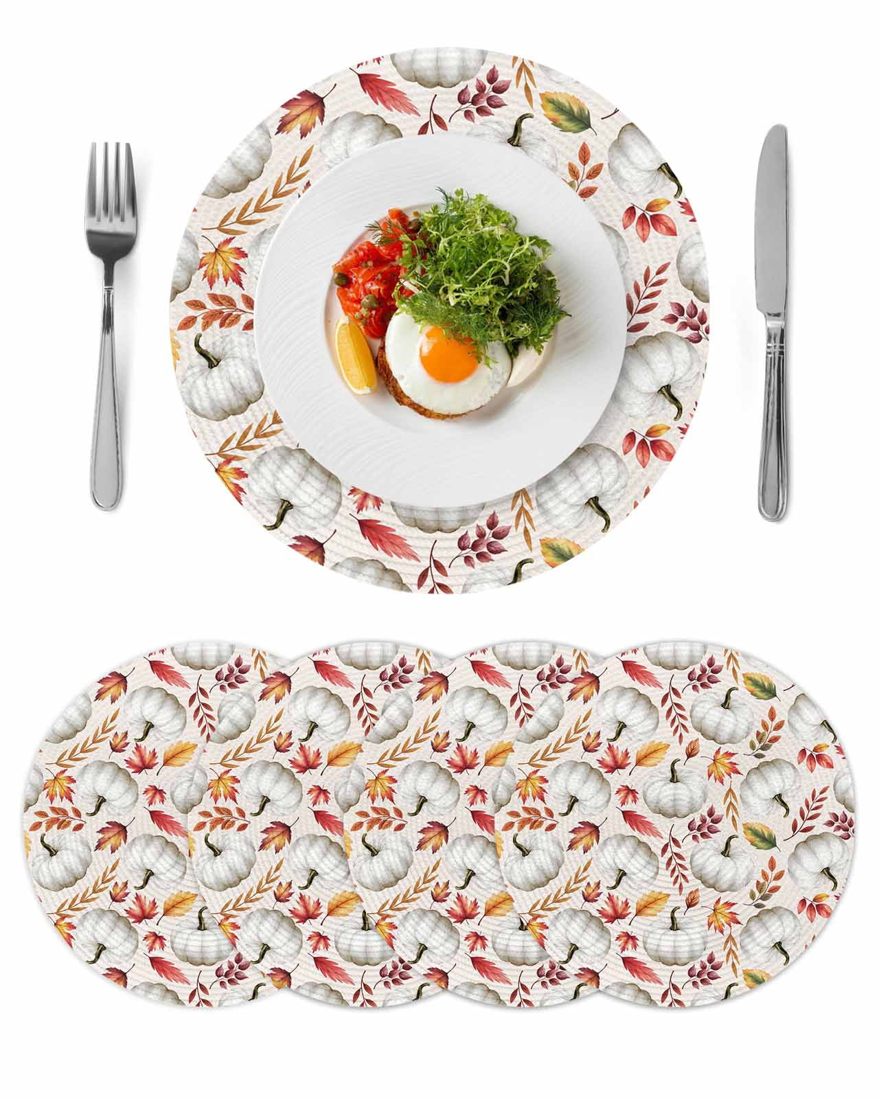 Fall Thanksgiving Round Table Placemats set of 4, White Pumpkins Autumn ...