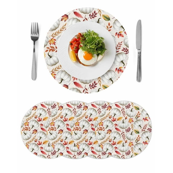Fall Thanksgiving Round Table Placemats set of 4, White Pumpkins Autumn ...