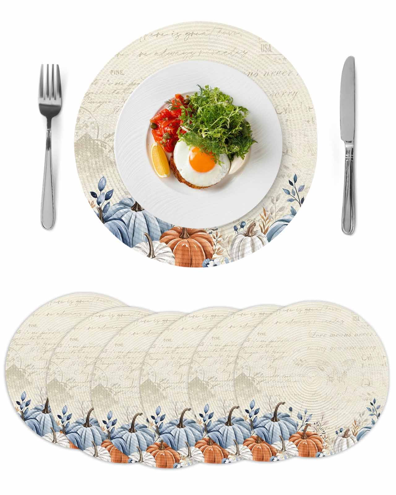 Fall Thanksgiving Round Table Placemats set of 6, Blue White Orange ...
