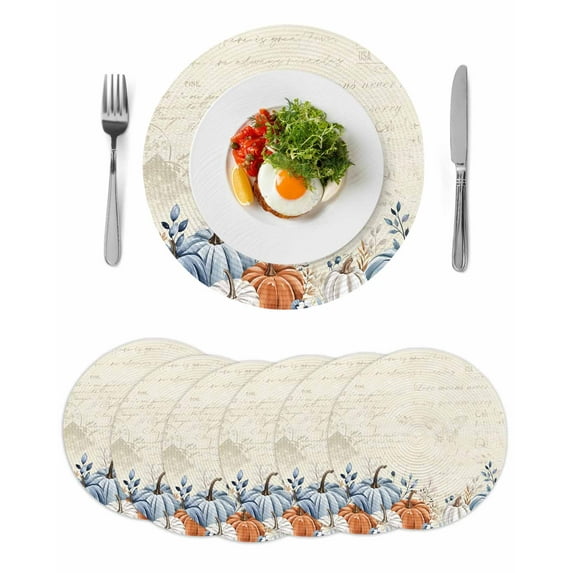 Fall Thanksgiving Round Table Placemats set of 6, Blue White Orange ...