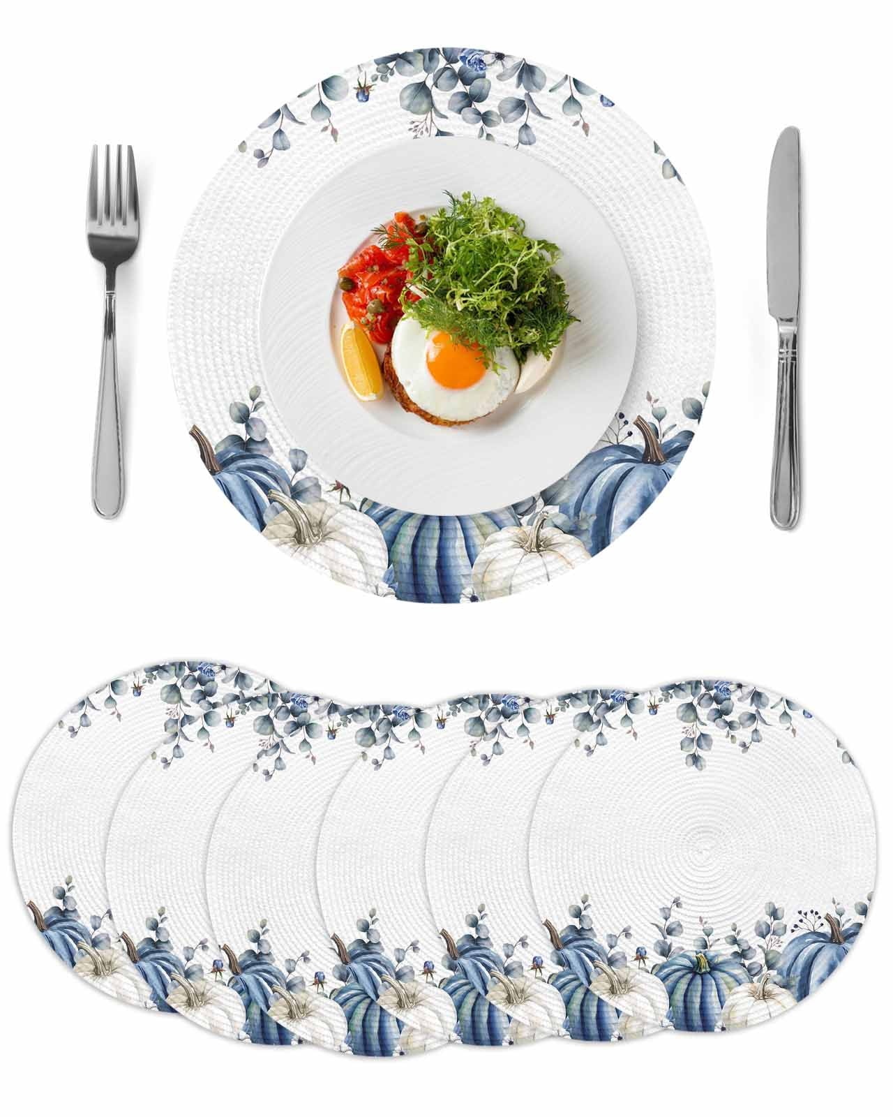 Fall Thanksgiving Round Table Placemats set of 6, Blue White Pumpkins ...