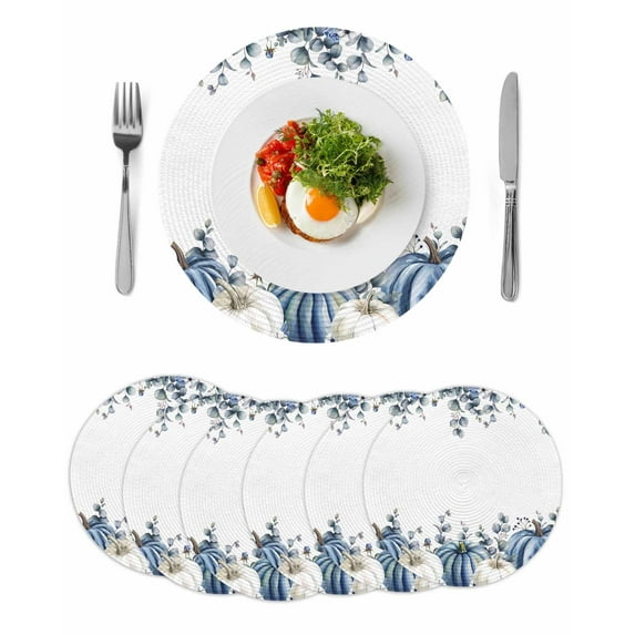 Fall Thanksgiving Round Table Placemats set of 6, Blue White Pumpkins ...