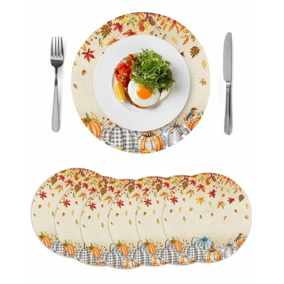 Fall Thanksgiving Round Table Placemats set of 6, Orange Pumpkin ...