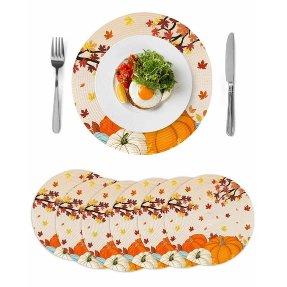 Fall Thanksgiving Round Table Placemats set of 6, Orange Teal White ...