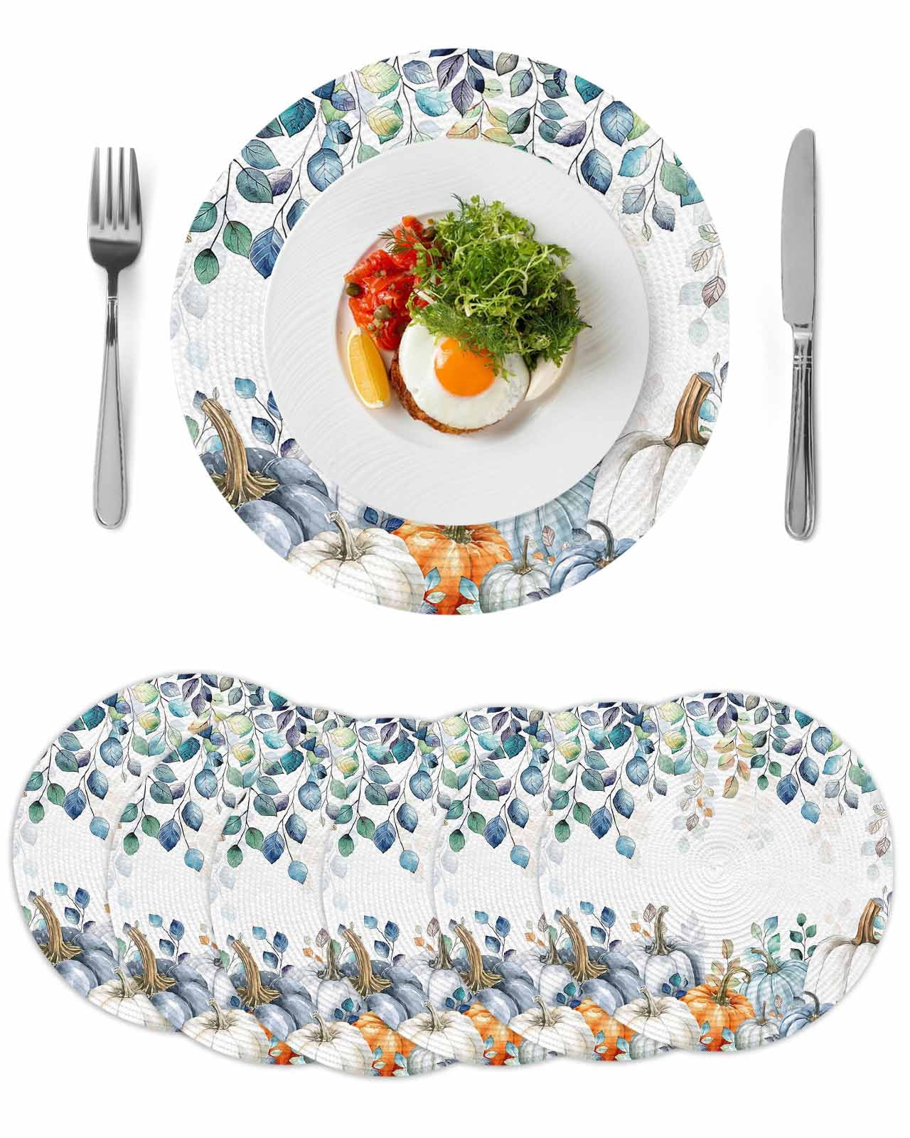 Fall Thanksgiving Round Table Placemats set of 6, Orange White Blue ...
