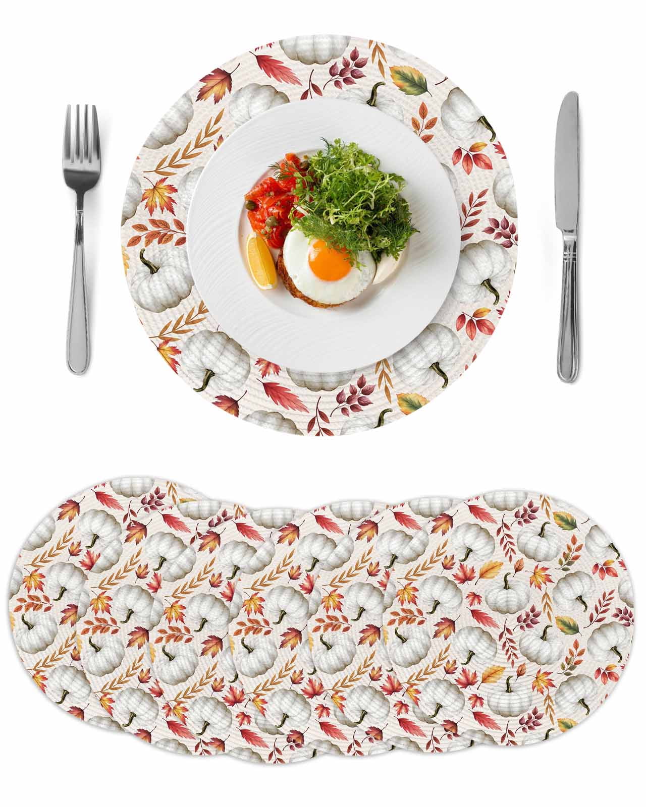 Fall Thanksgiving Round Table Placemats set of 6, White Pumpkins Autumn ...