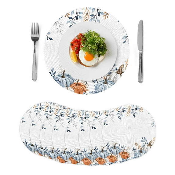 Fall Thanksgiving Round Table Placemats set of 8, Orange Blue Pumpkin ...
